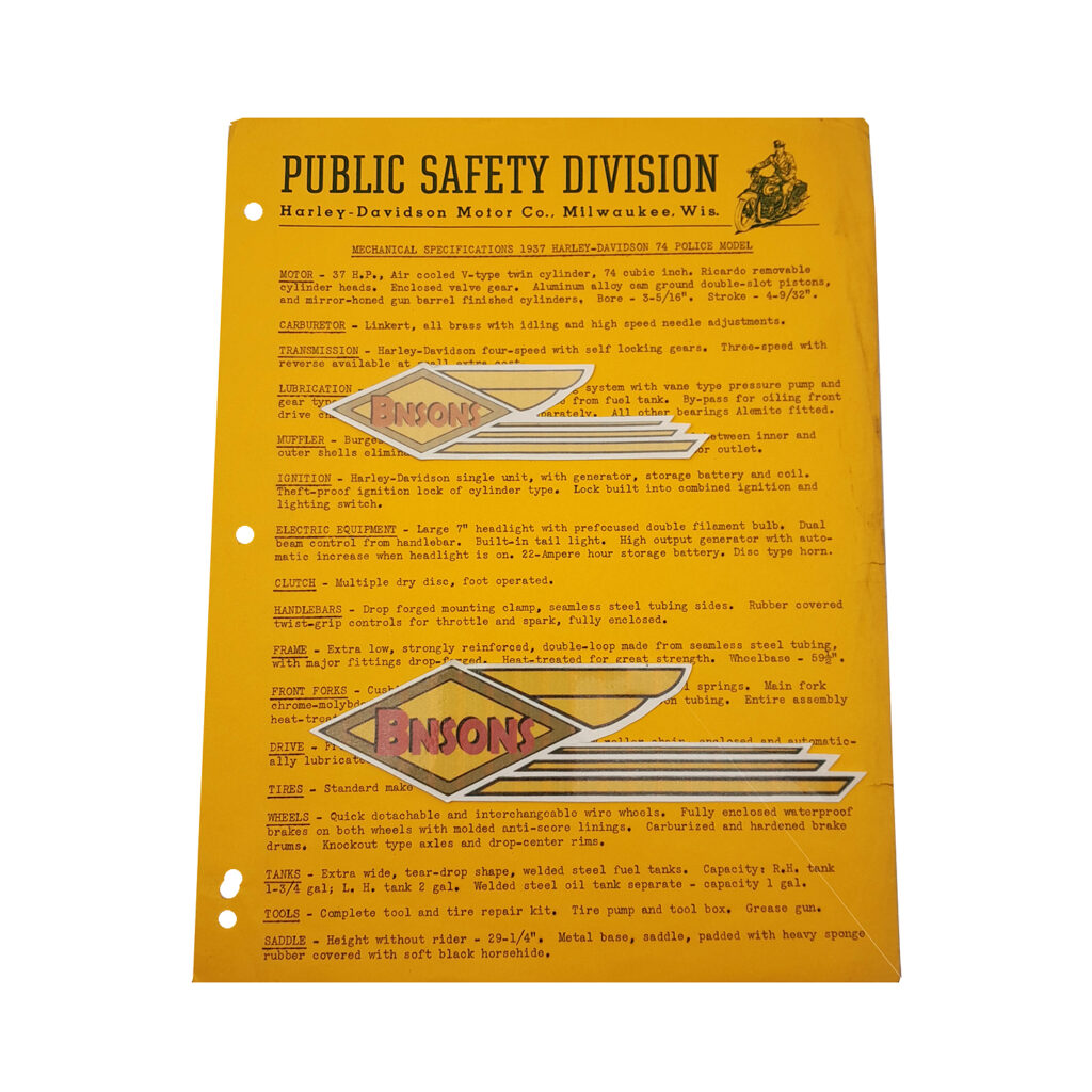 ORIGINAL HARLEY 1937 PUBLIC SAFETY DIVISION LETTERHEAD (UL. SPECS ...