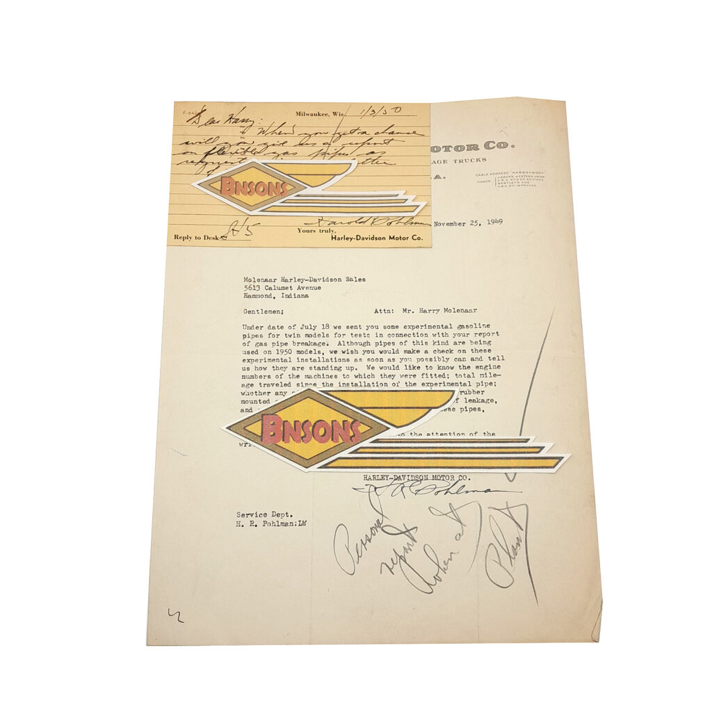 ORIGINAL HARLEY 1949 FACTORY LETTERHEAD (EXPERIMENTAL GAS LINE ...
